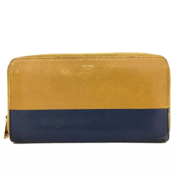 Celine | Bags | Celine Logo Leather Zip Around Long Wallet Bicolor Rare ...
